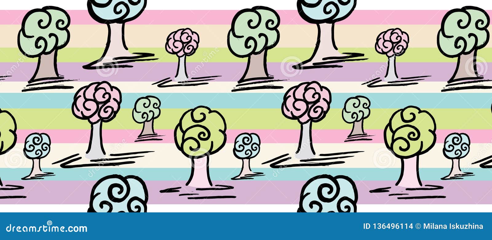 Pattern with Set of Cute Trees on Abstract Line Pattern Illustration ...