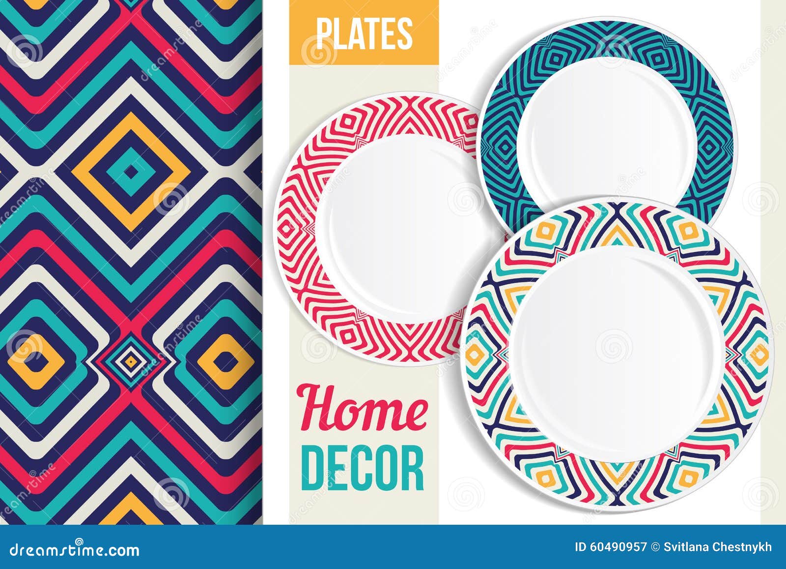 Pattern and Set of Decorative Plates. Stock Vector - Illustration of ...