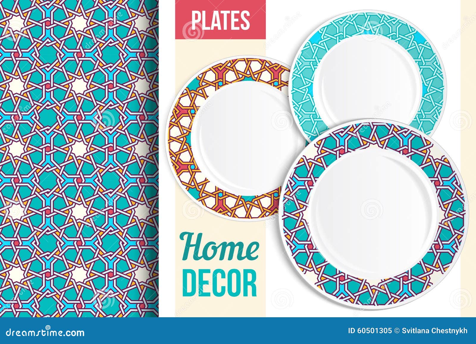 Pattern and Set of Decorative Plates. Stock Vector - Illustration of ...