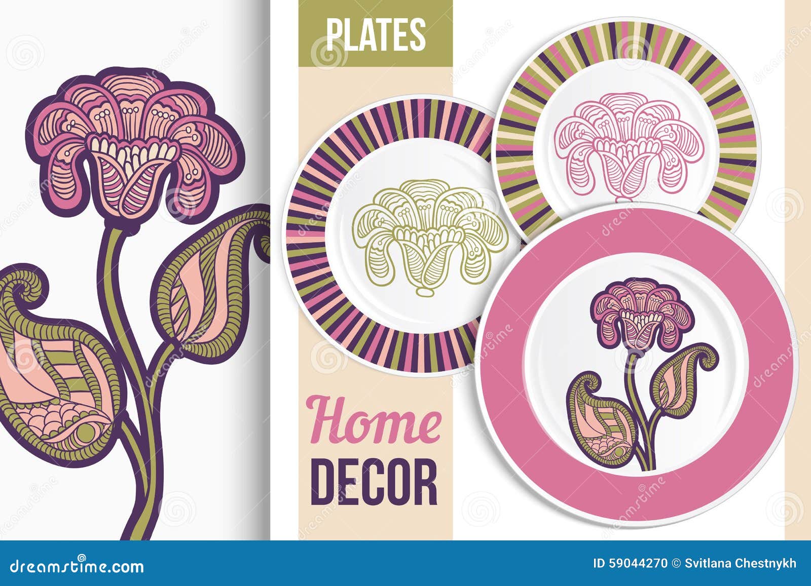 Pattern and Set of Decorative Plates. Stock Vector - Illustration of ...