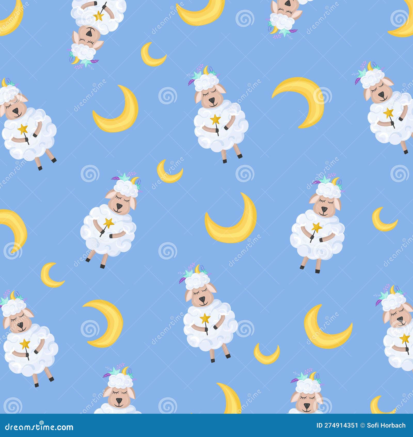 Pattern with a Sheep and Moon on the Blue Background Stock Vector ...