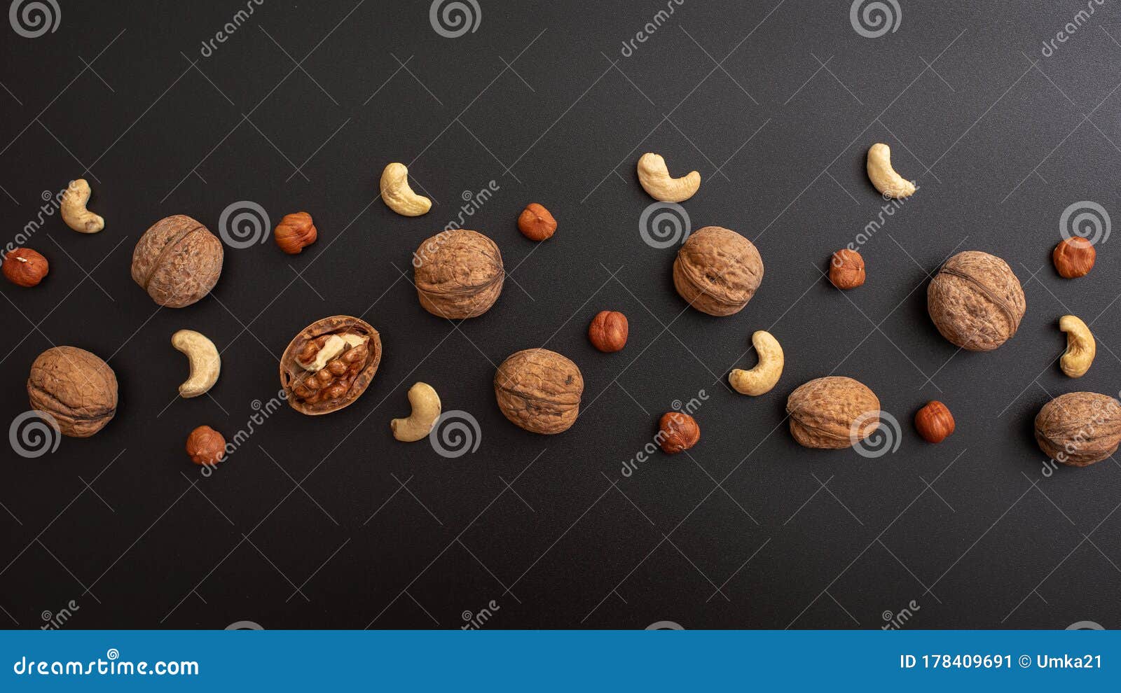 Pattern Shelled Walnut, Hazelnut and Cashews on Black Background. Stock ...