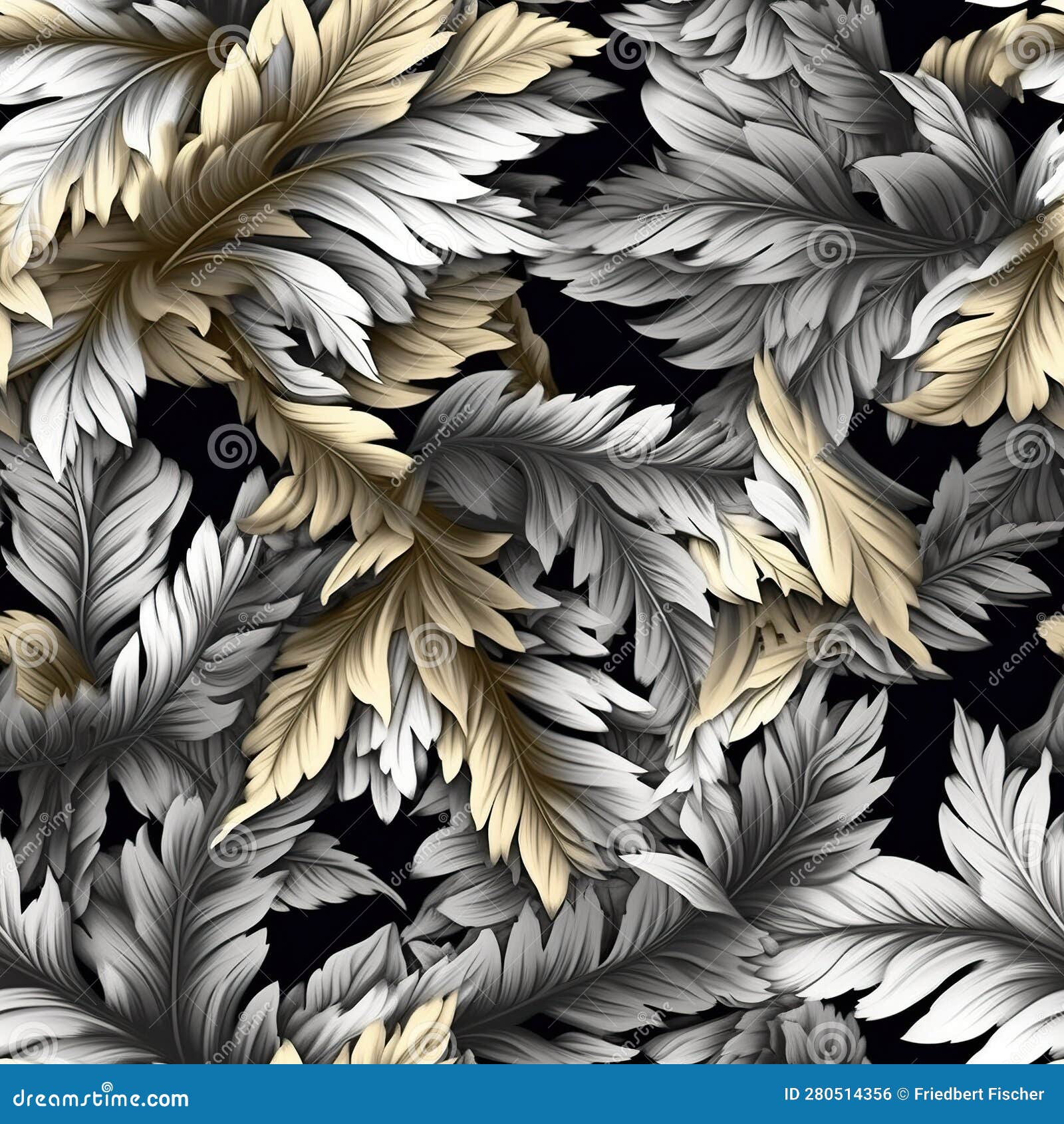 A Pattern of Silver and Gold Leaves on a Black Background, Seamless ...