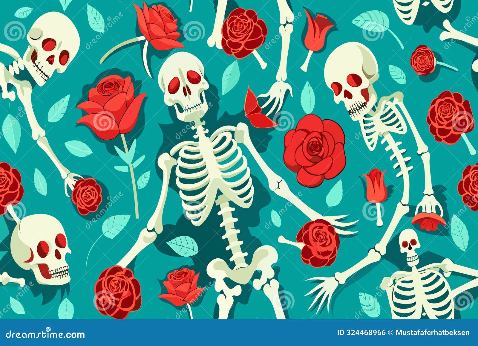 A Pattern of Skeletons and Roses with a Skeleton Holding a Rose Stock ...