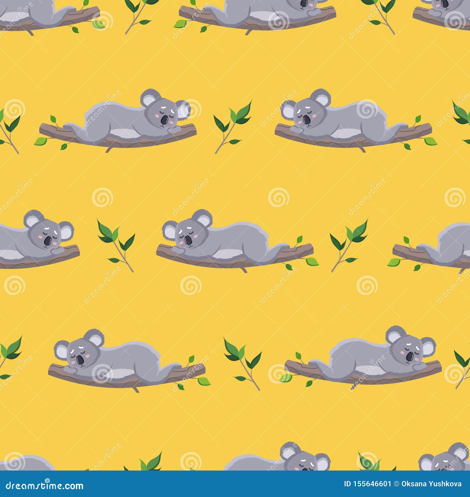 Pattern of Sleeping Koalas on Branches with Leaves Stock Illustration ...
