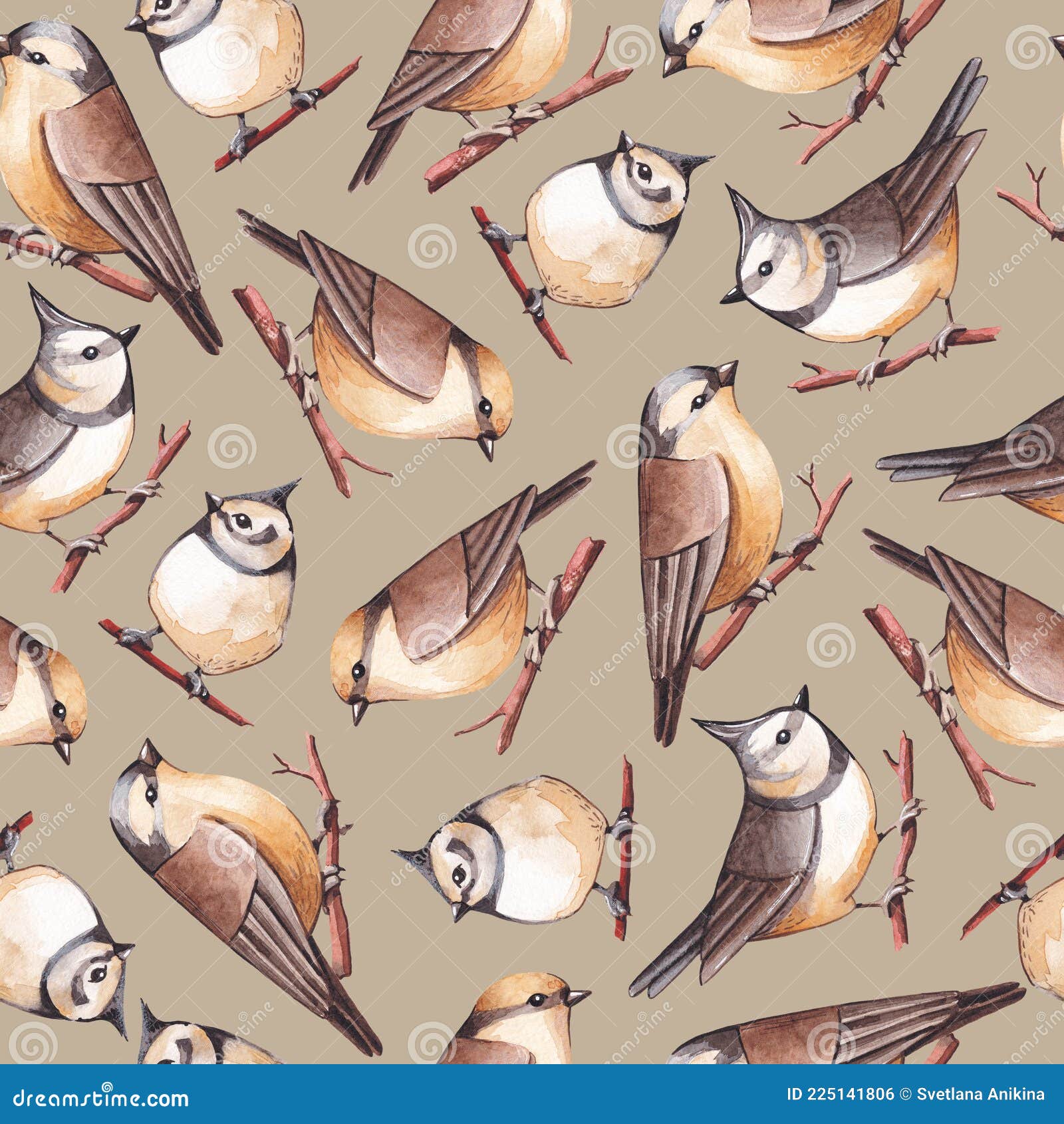 Pattern with Small Watercolor Birds on the Branches Stock Illustration ...