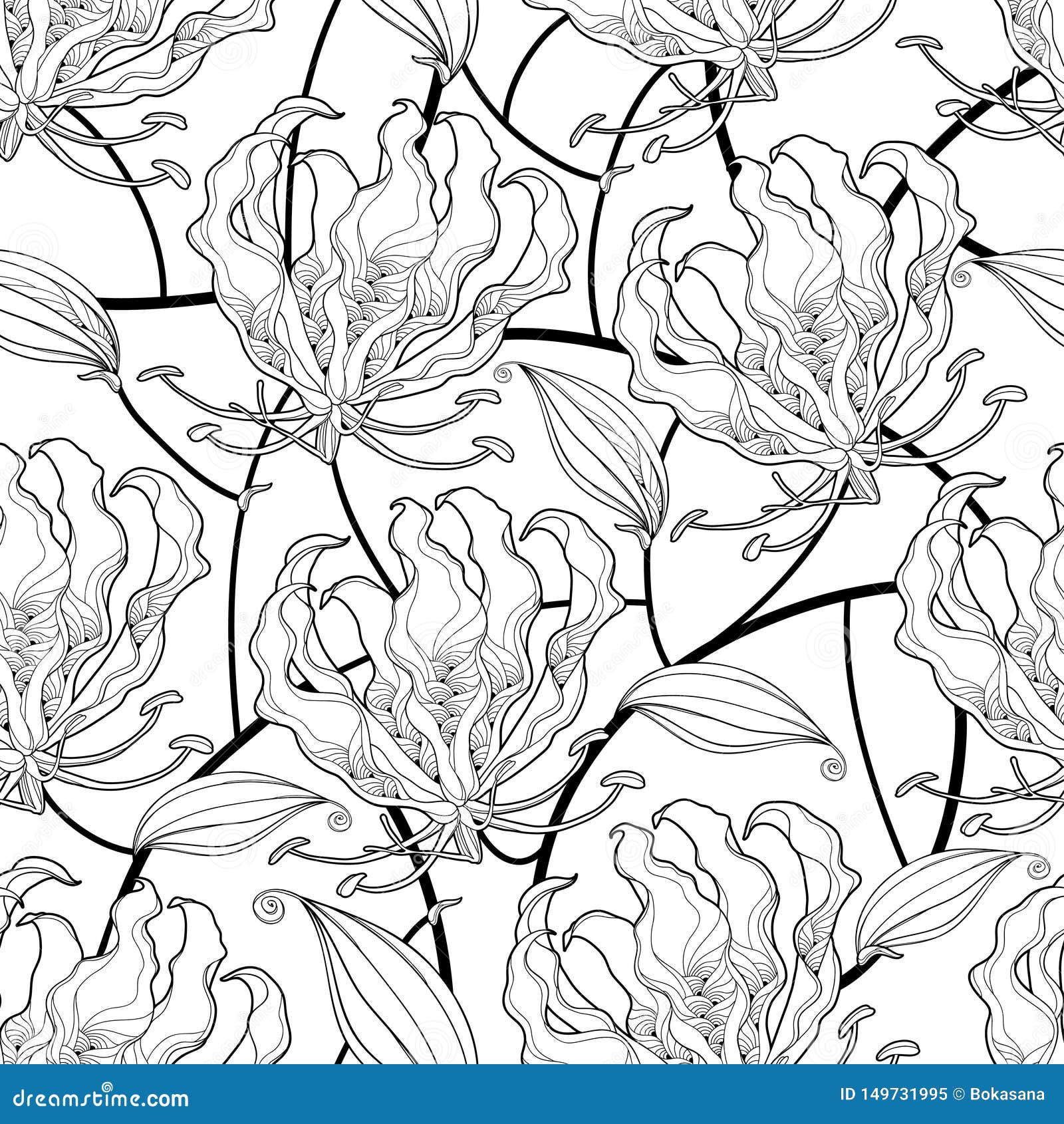 Vector Seamless Pattern with Outline Tropical Gloriosa Superba or Flame ...