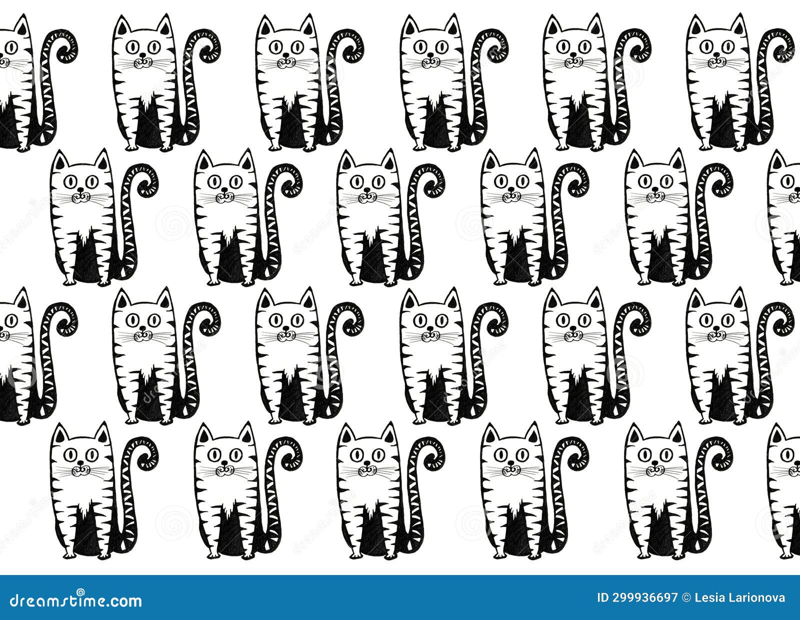 Pattern of Stylized Cats in Black on a White Background. Stock Image ...