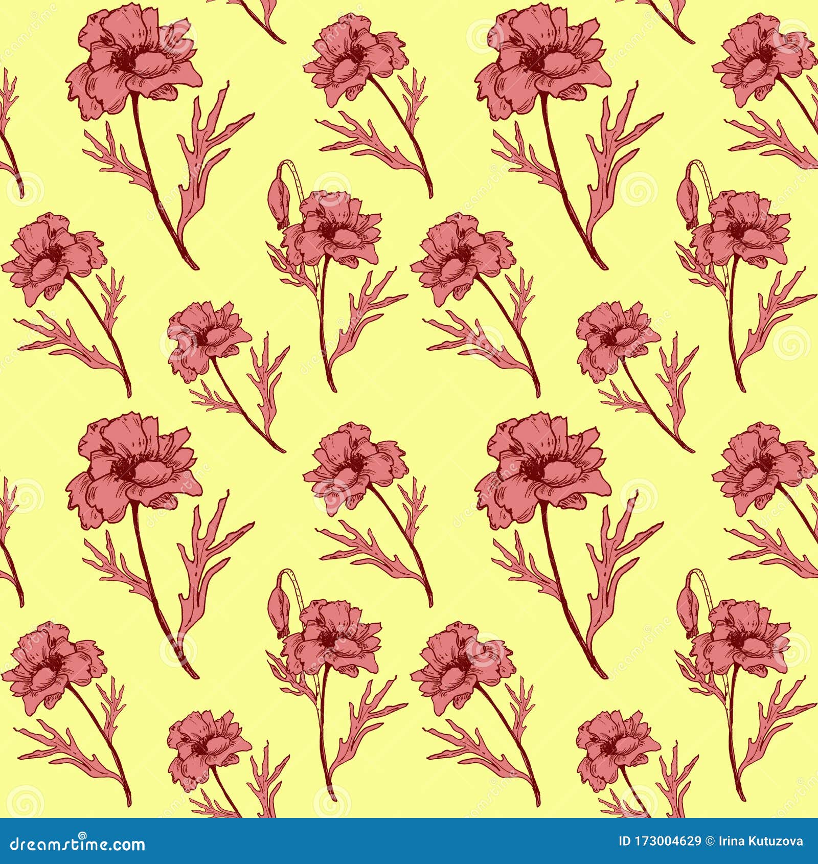Pattern of Stylized Graphic Poppies on a Yellow Background Stock ...