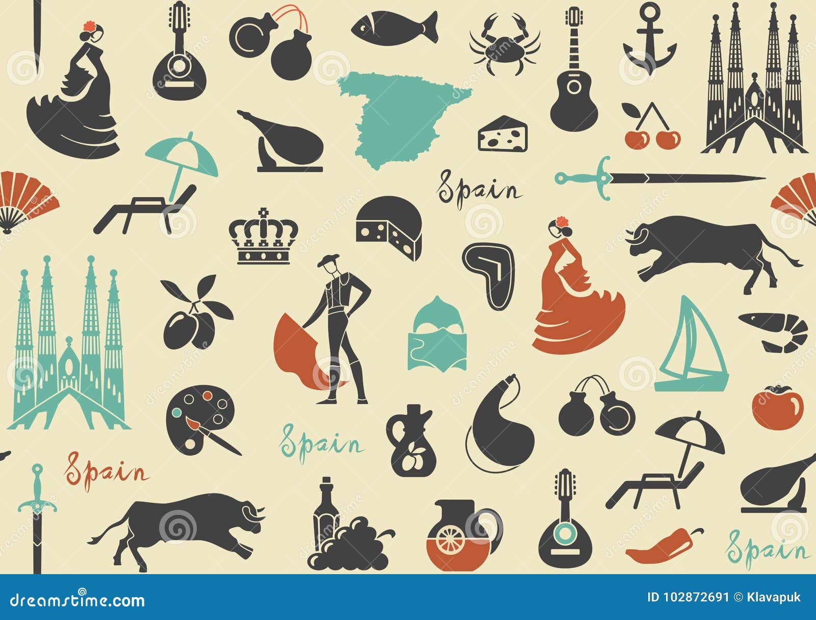 Pattern with Symbols of Spain Stock Vector - Illustration of resort ...