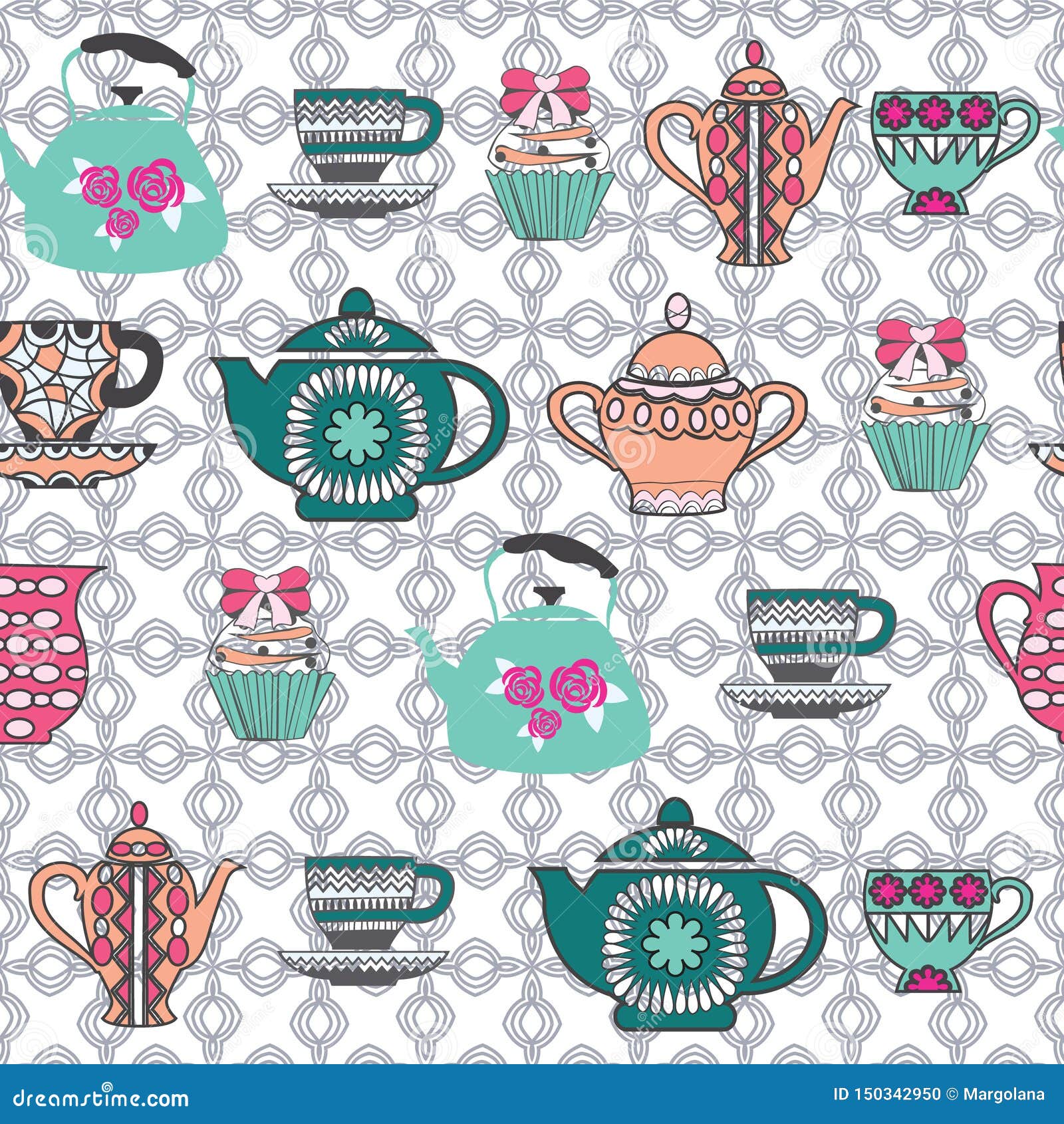 Pattern of Tea Cups, Pots, Jars, Cupcake in Vintage Style Stock Photo ...