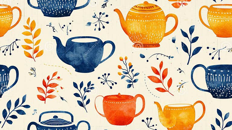 A Pattern of a Tea Pot and Teapot on White Background, AI Stock Image - Image of abstract, flat ...