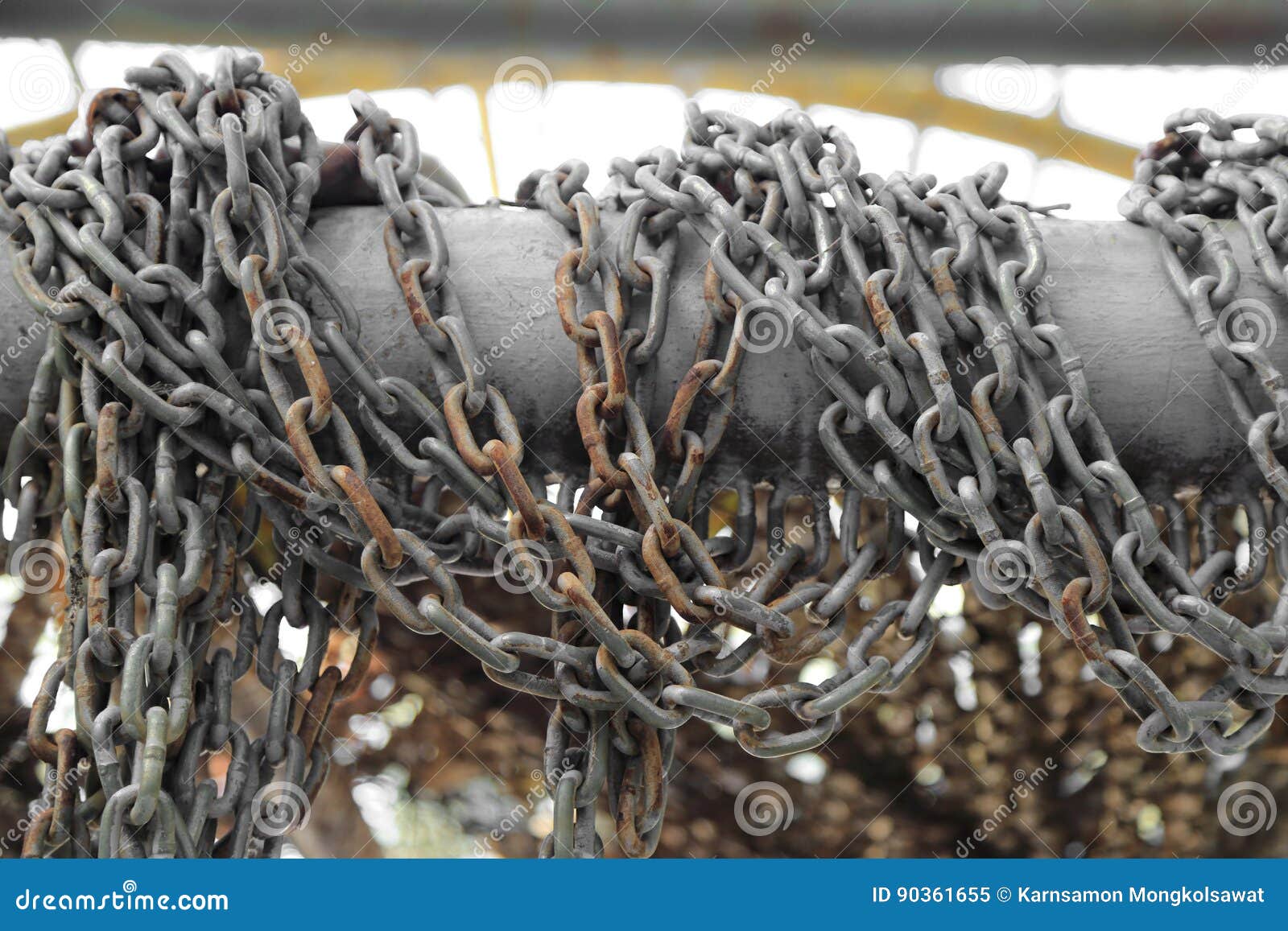 The Thick Rusty Chain On The Pole, The Links Of The Old Chain. Royalty ...