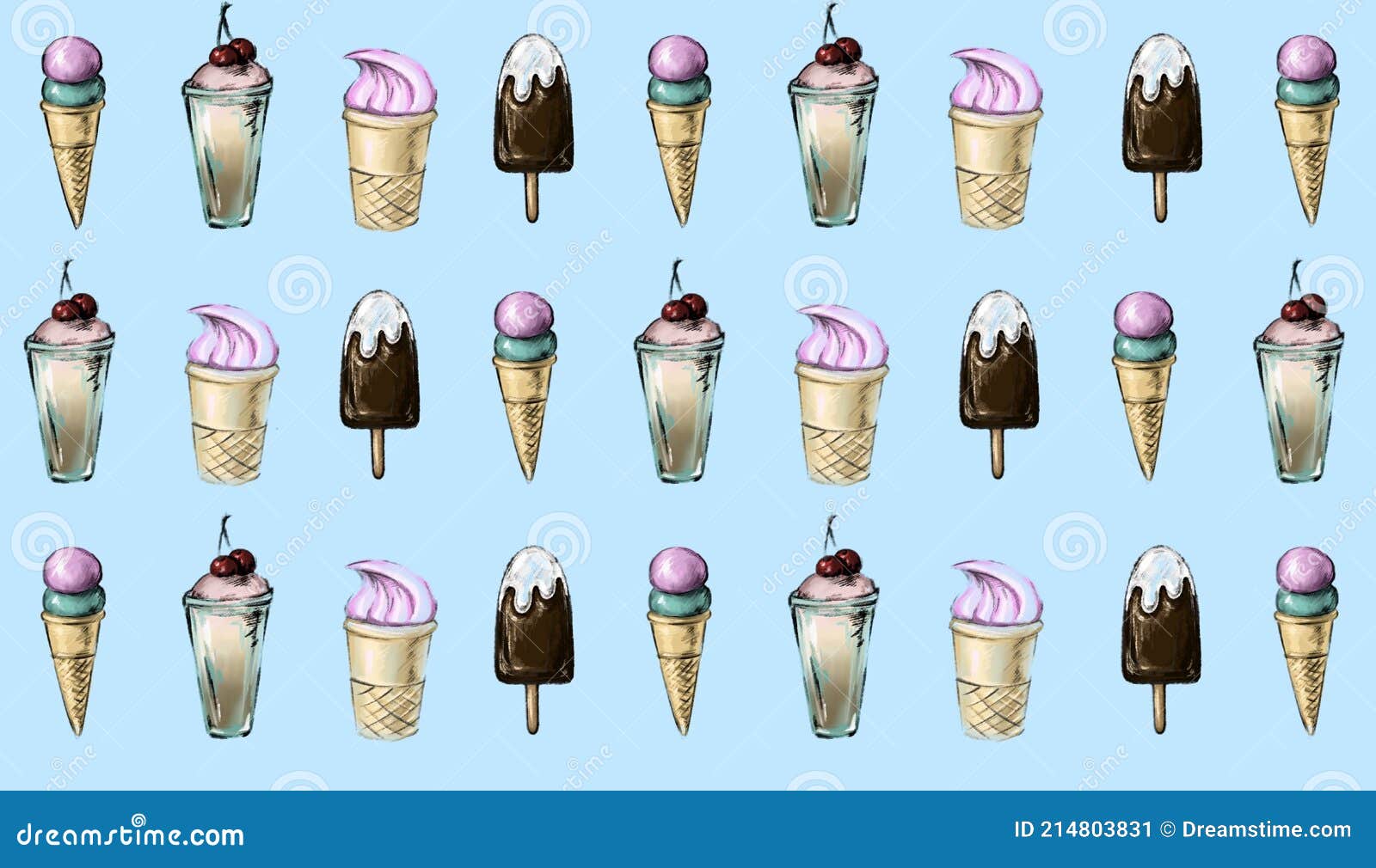 Pattern of Three Rows of Ice Cream on a Blue Background Stock ...