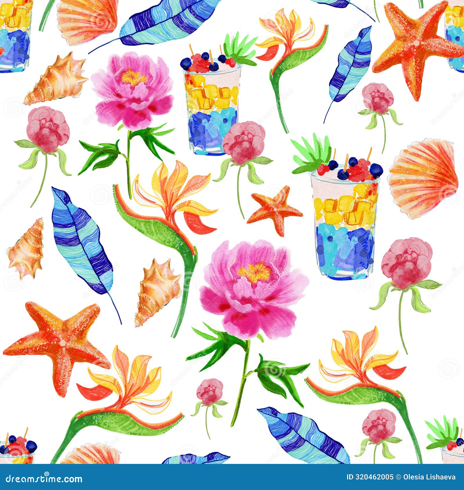 Pattern with Tropical Desserts, Flowers and Ocean Shells Stock Image ...