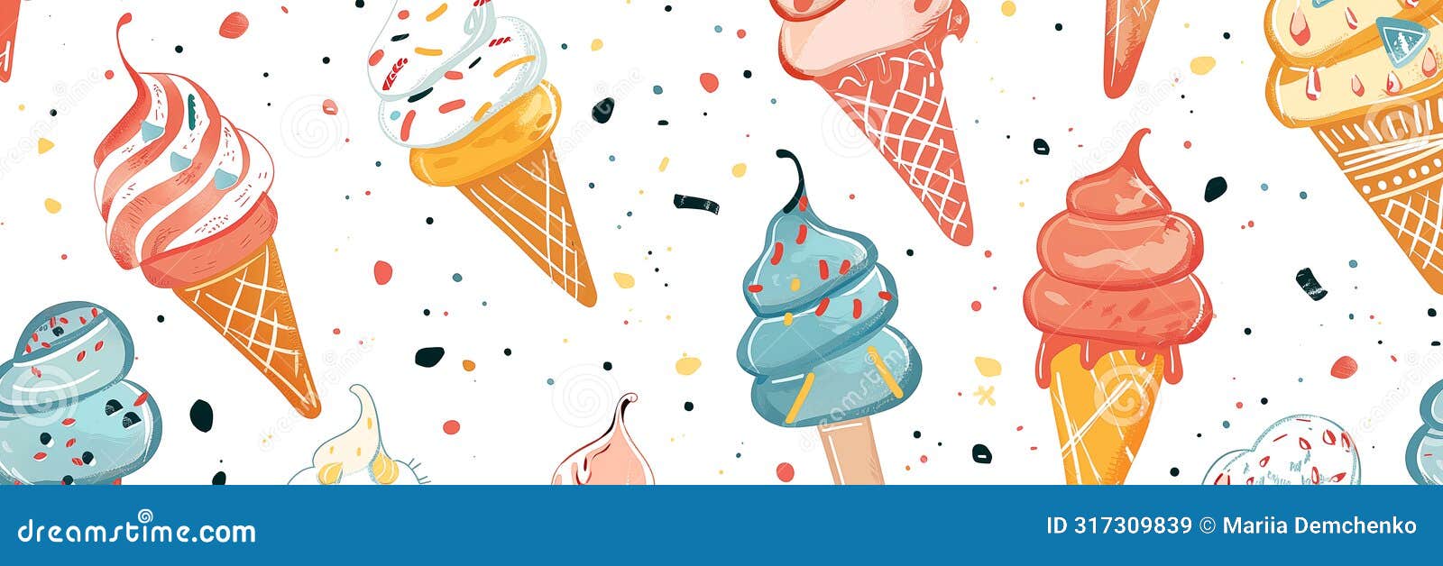 Pattern with Variety of Ice Cream Designs on White Background Banner ...