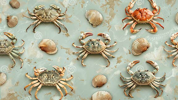 Pattern with Various Crabs and Shells on a Light Blue Textured ...