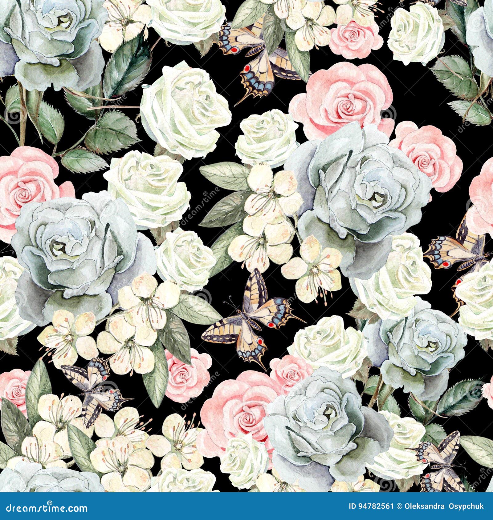 Pattern with Watercolor Realistic Roses, Butterflies and Plants. Stock ...