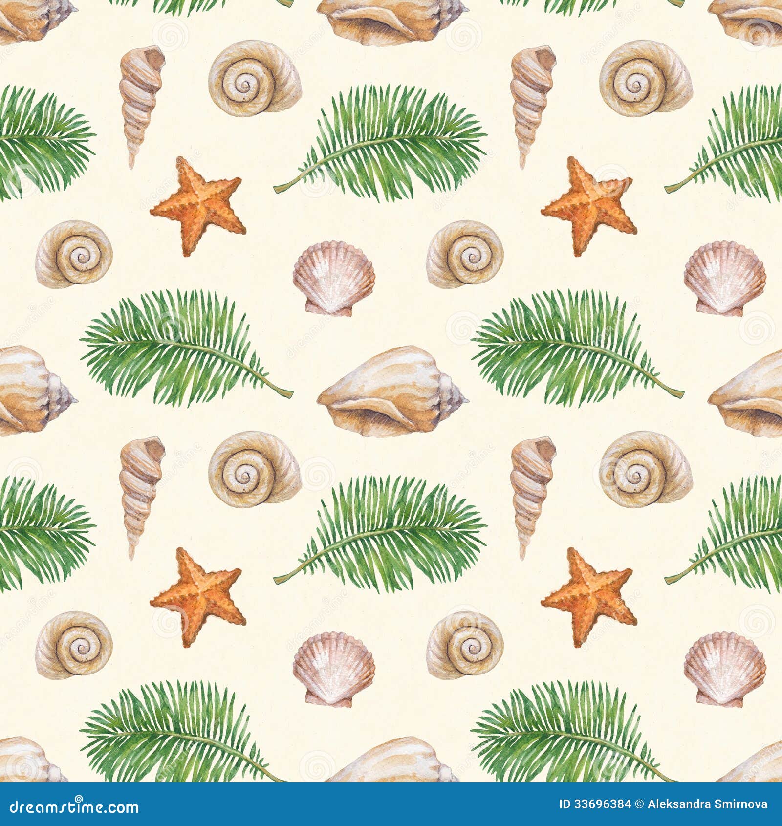 Pattern with Watercolor Shell, Sea Star and Palm Tree Stock ...