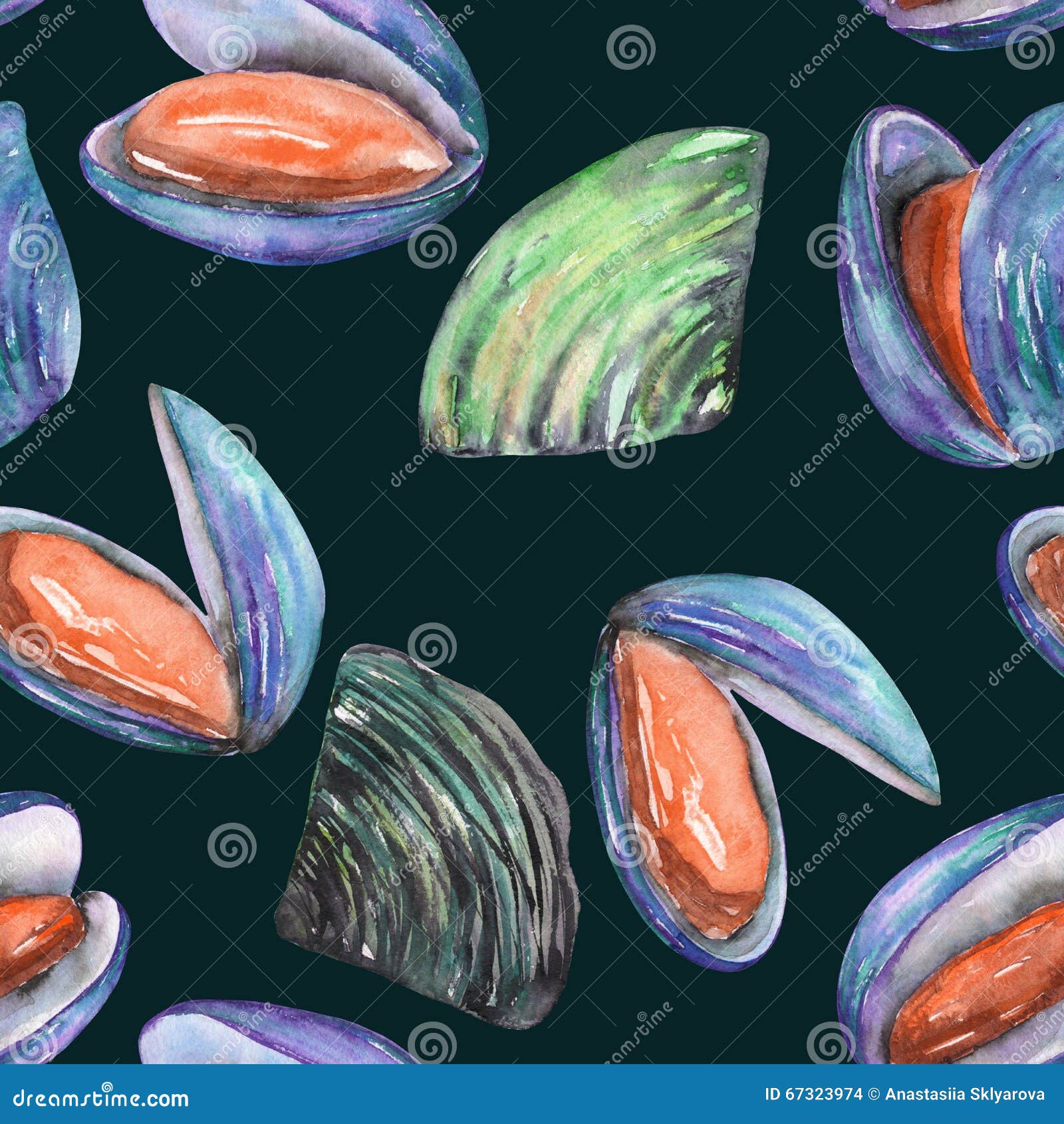 A Pattern with the Watercolor Shells and Mussels Stock Illustration ...