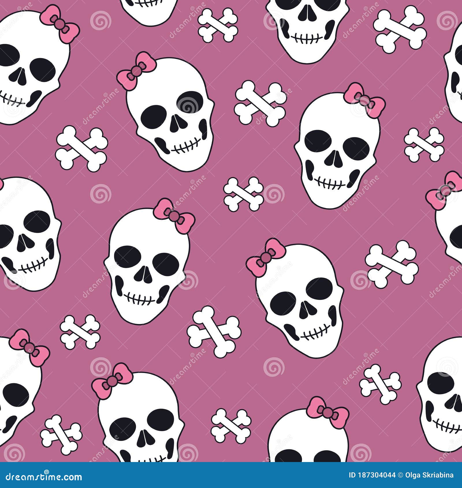 Pattern with White Skulls with a Pink Bow and Bones Stock Vector ...