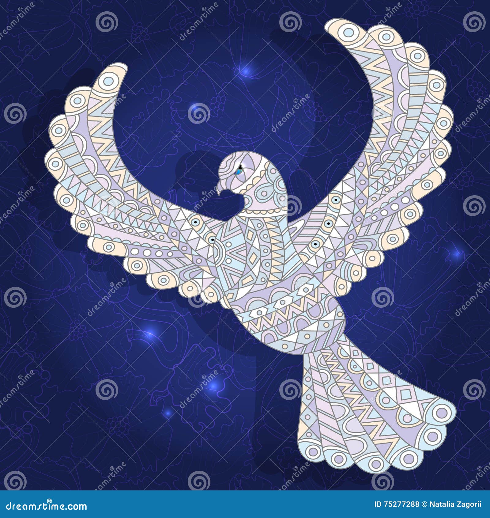 Patterned Abstract Image of a Dove on Dark Blue Background Stock Vector ...