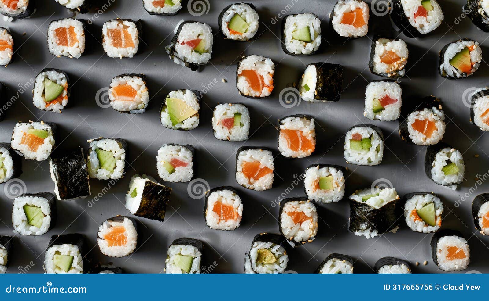 Patterned Arrangement of Spinning Sushi Rolls in a Grid Layout Stock ...