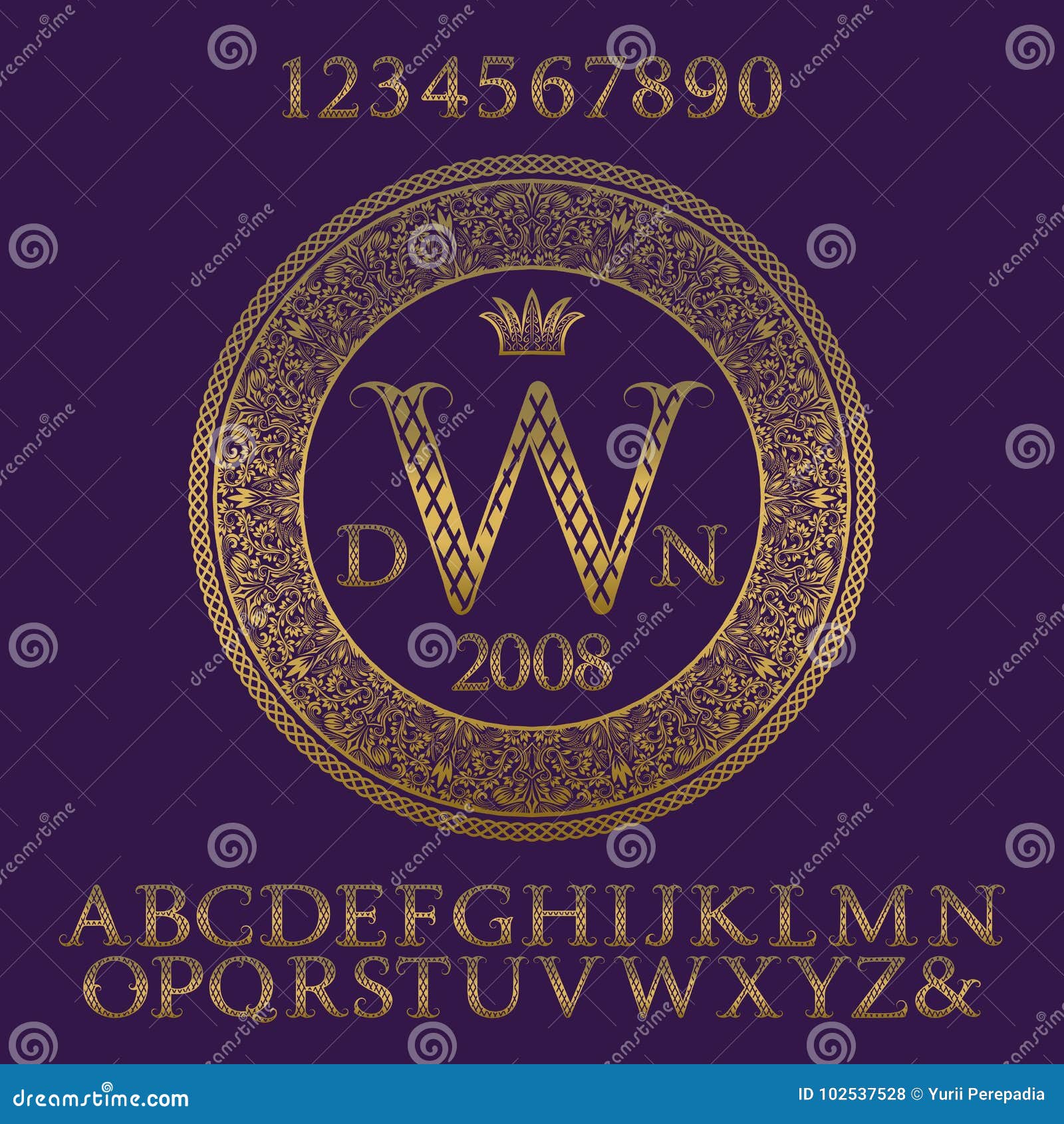 Patterned Gold Letters and Numbers with Initial Monogram. Elegant ...