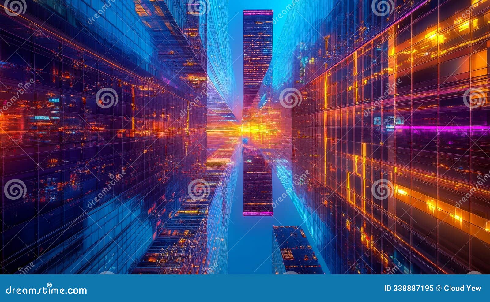 Patterned Layout of Skyscrapers with Neon Lights Stock Illustration ...