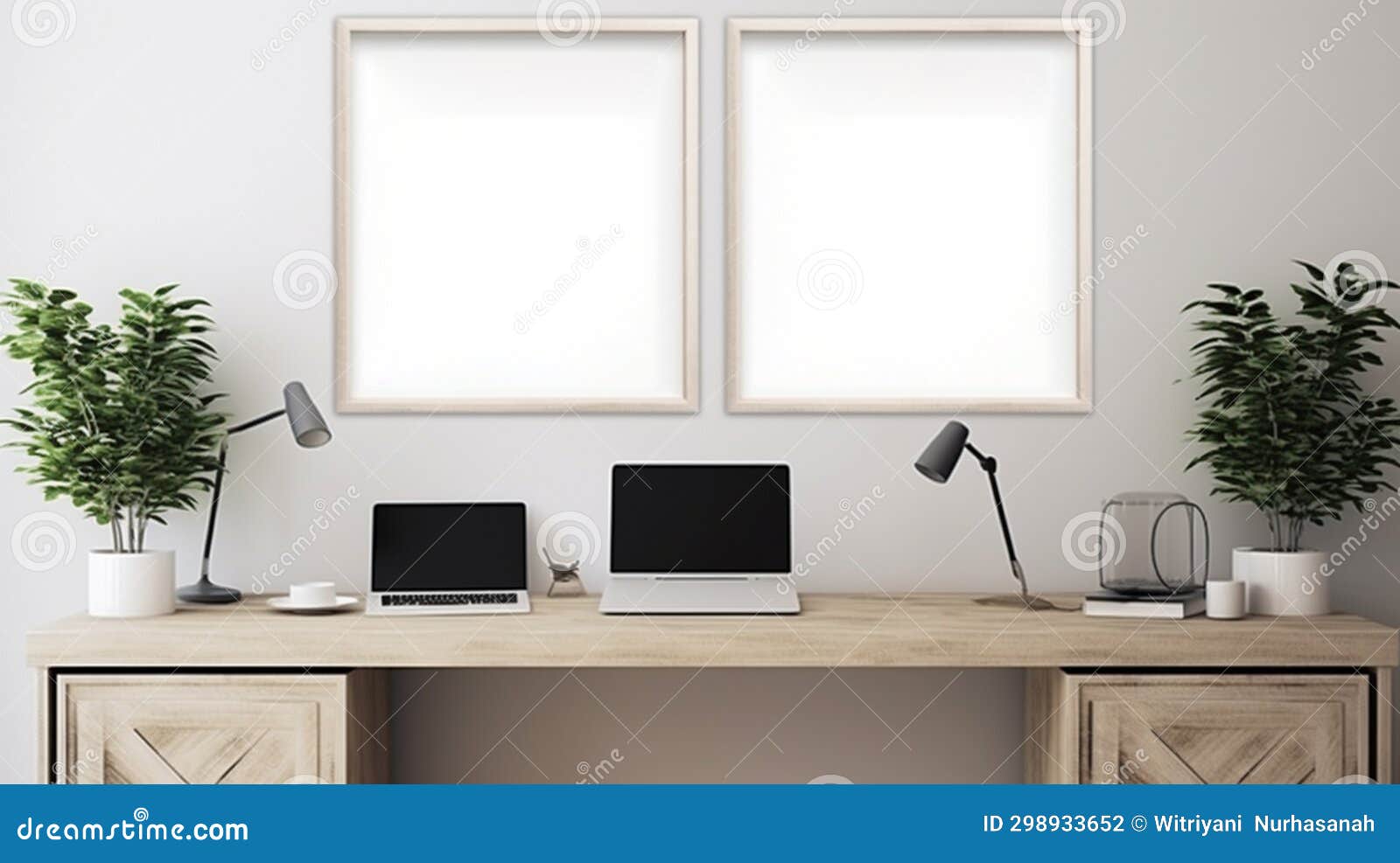 Patterned Posters Above Desk with Computer Monitor. Generative Ai Stock ...