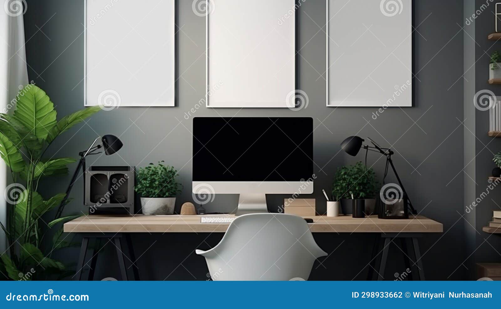 Patterned Posters Above Desk with Computer Monitor. Generative Ai Stock ...