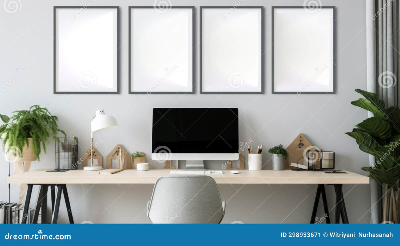 Patterned Posters Above Desk with Computer Monitor. Generative Ai Stock ...