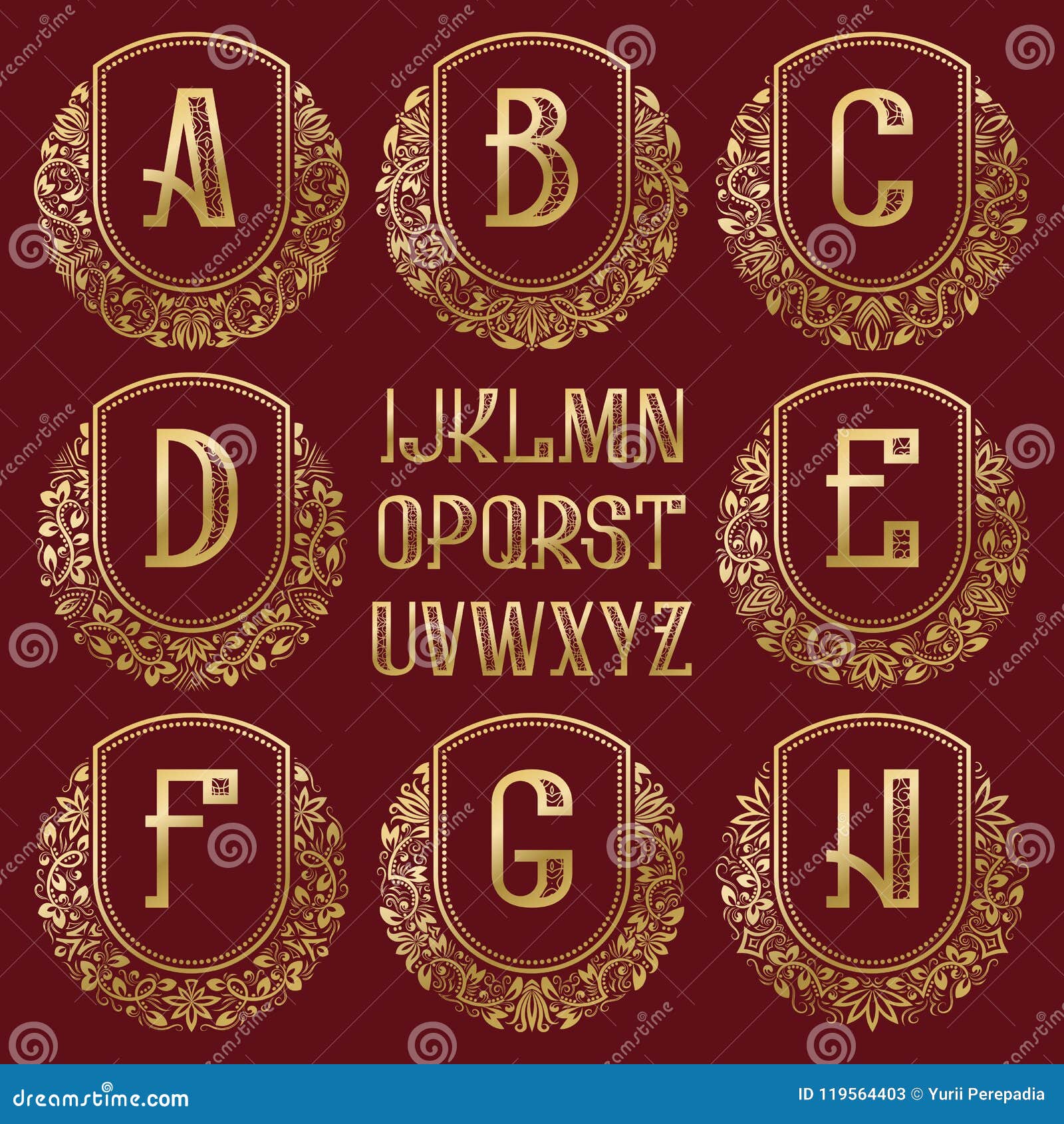 Patterned Royal Monogram Kit. Golden Letters and Ornamental Circular ...