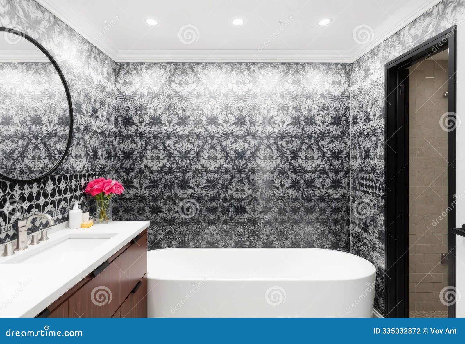 A Patterned Tile Wall in a Bathroom for a Bold Statement Stock ...