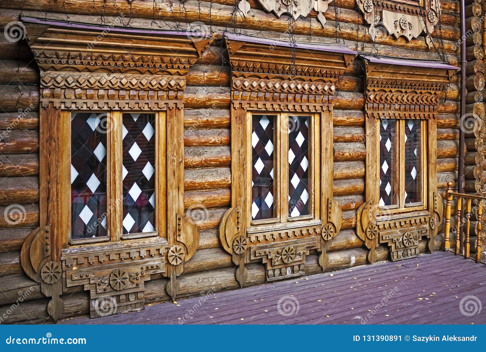 Patterned Windows in the Old Russian Log Hut. Well-developed Wood ...