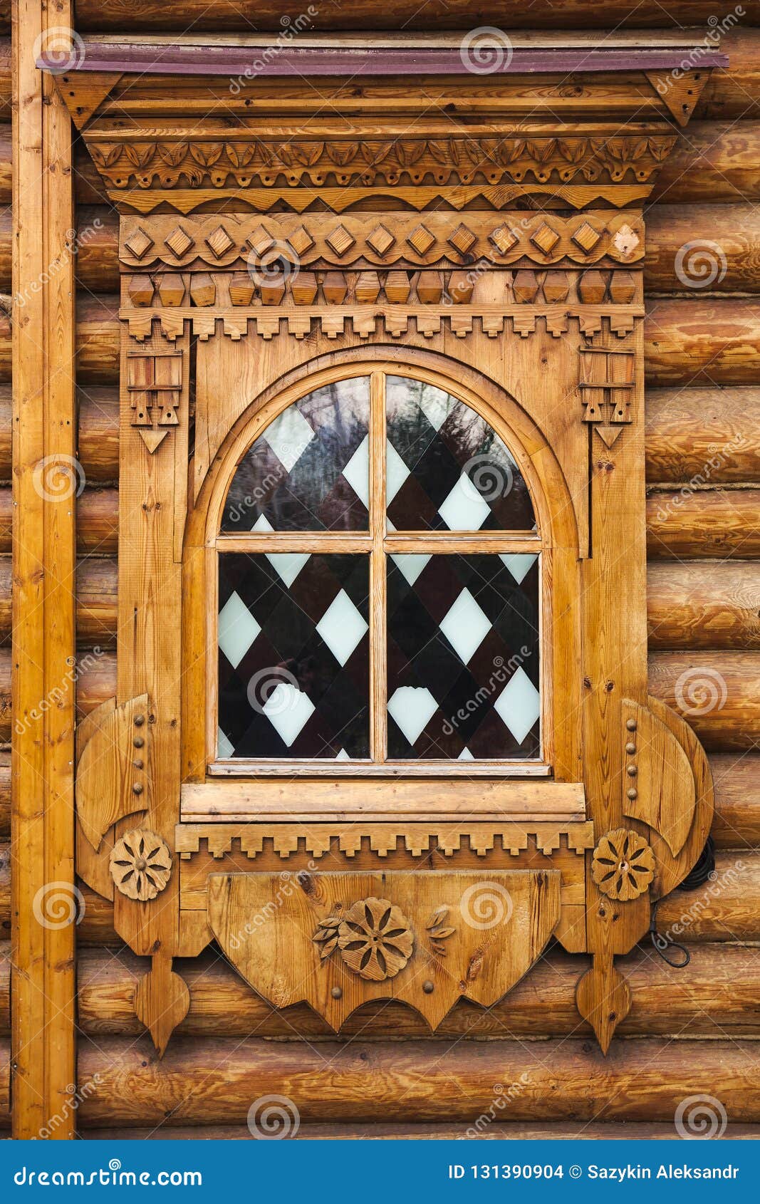 Patterned Windows in the Old Russian Log Hut. Well-developed Wood ...