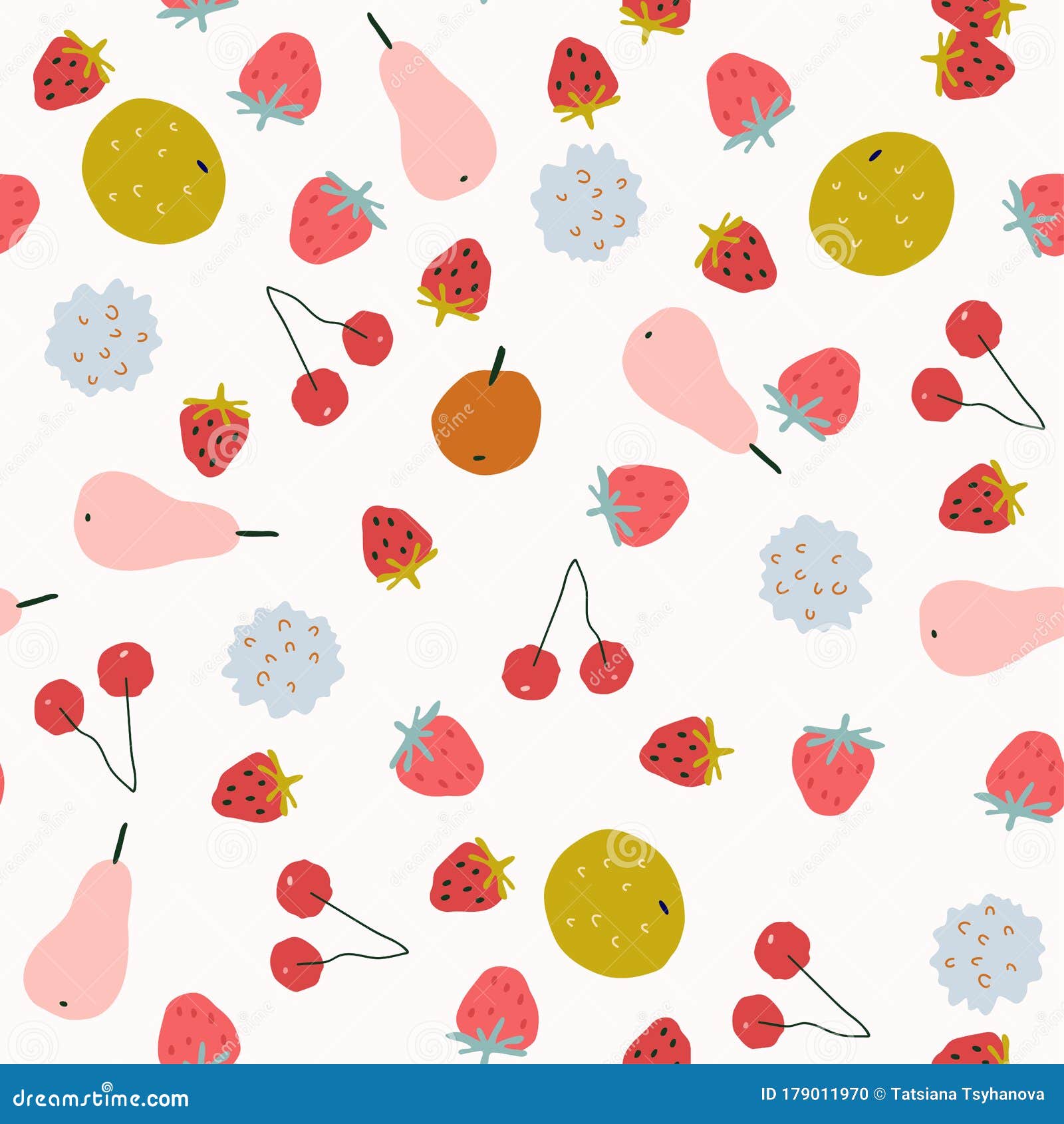 Seamless Pattern with Cute Fruit in Hand-drawn Childish Style Stock ...