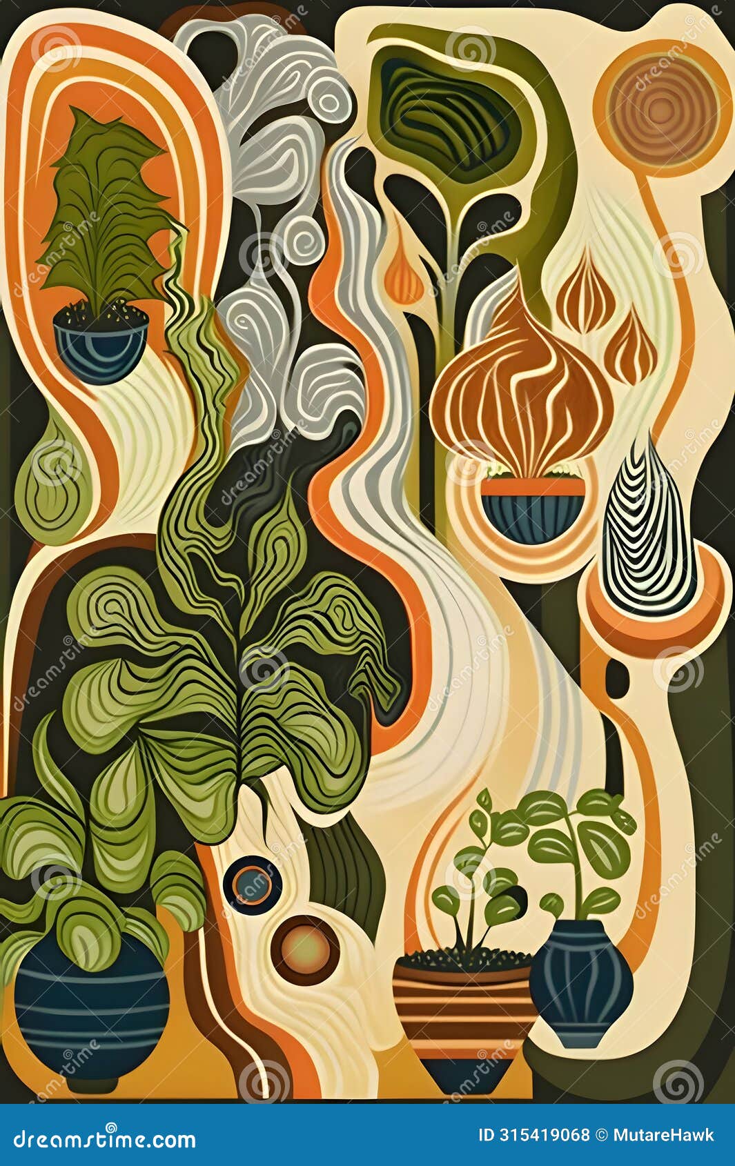 Vector Abstract Background with Plants in Pots. Hand-drawn Illustration ...