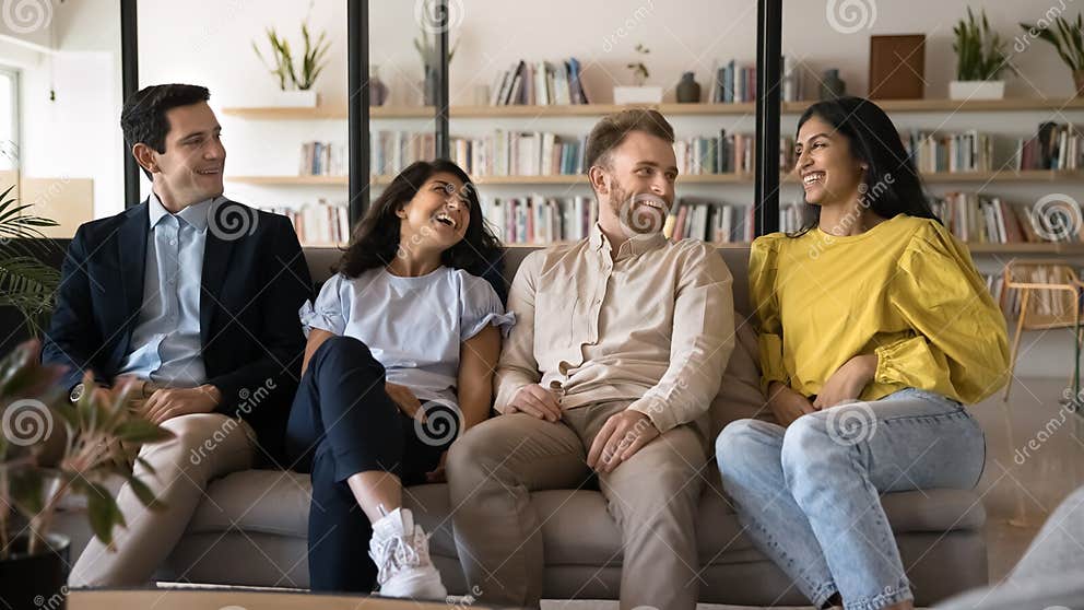 Happy Diverse Multiethnic Students Group Relax on Couch at Library ...