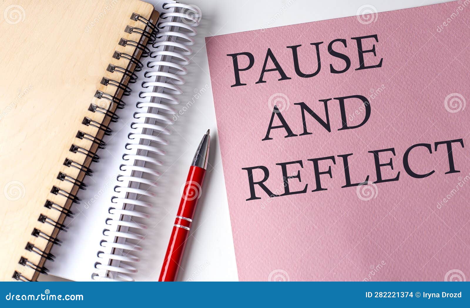 PAUSE and REFLECT Word on the Pink Paper with Office Tools on White ...