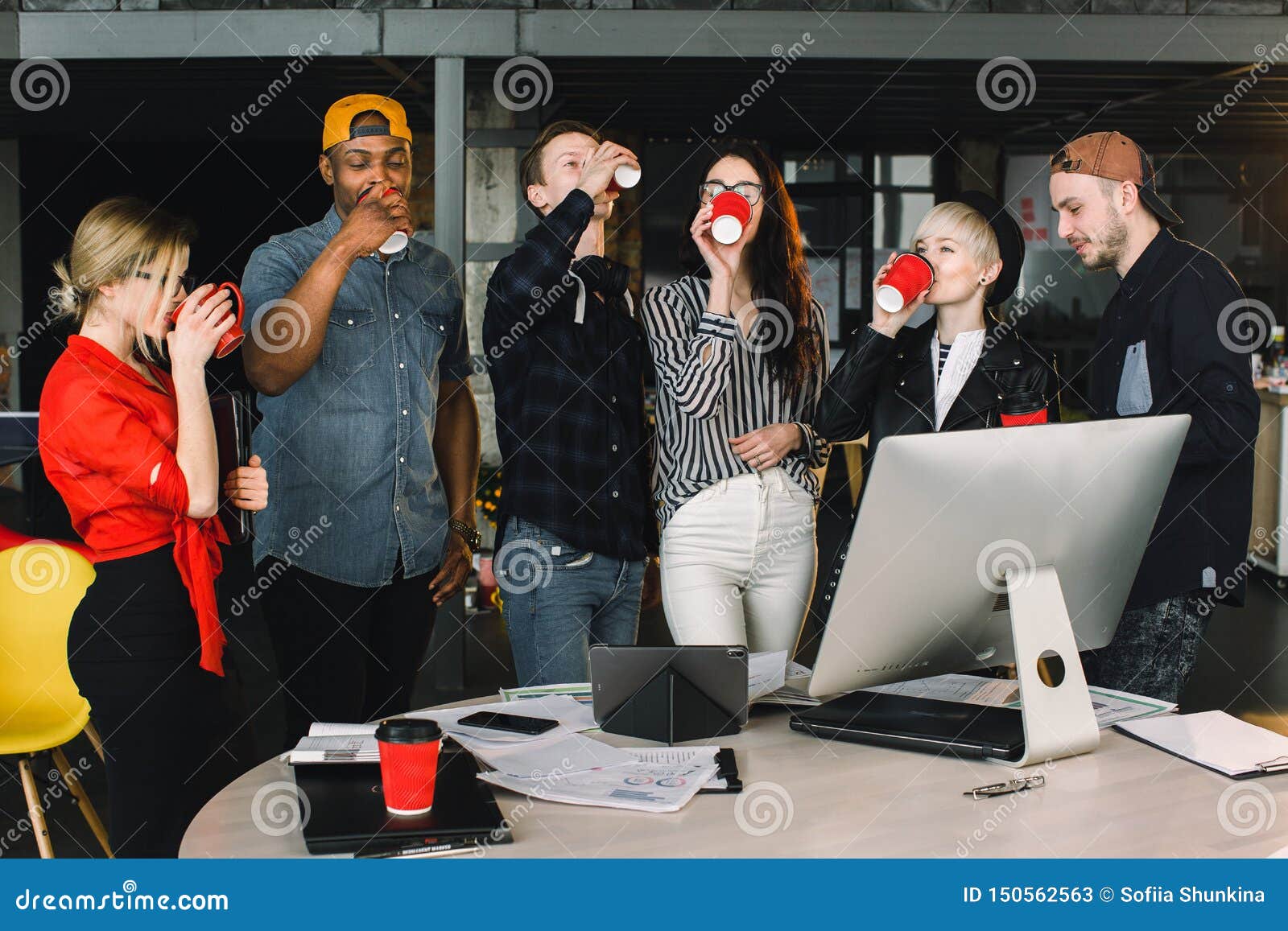 Pause for Relax at Work. Happy Work Team during Break Time in Light ...