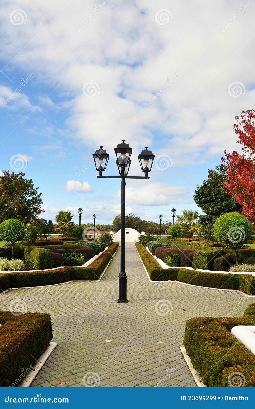 Paved Path and Lamp Post in Garden Stock Image - Image of post, lamp ...