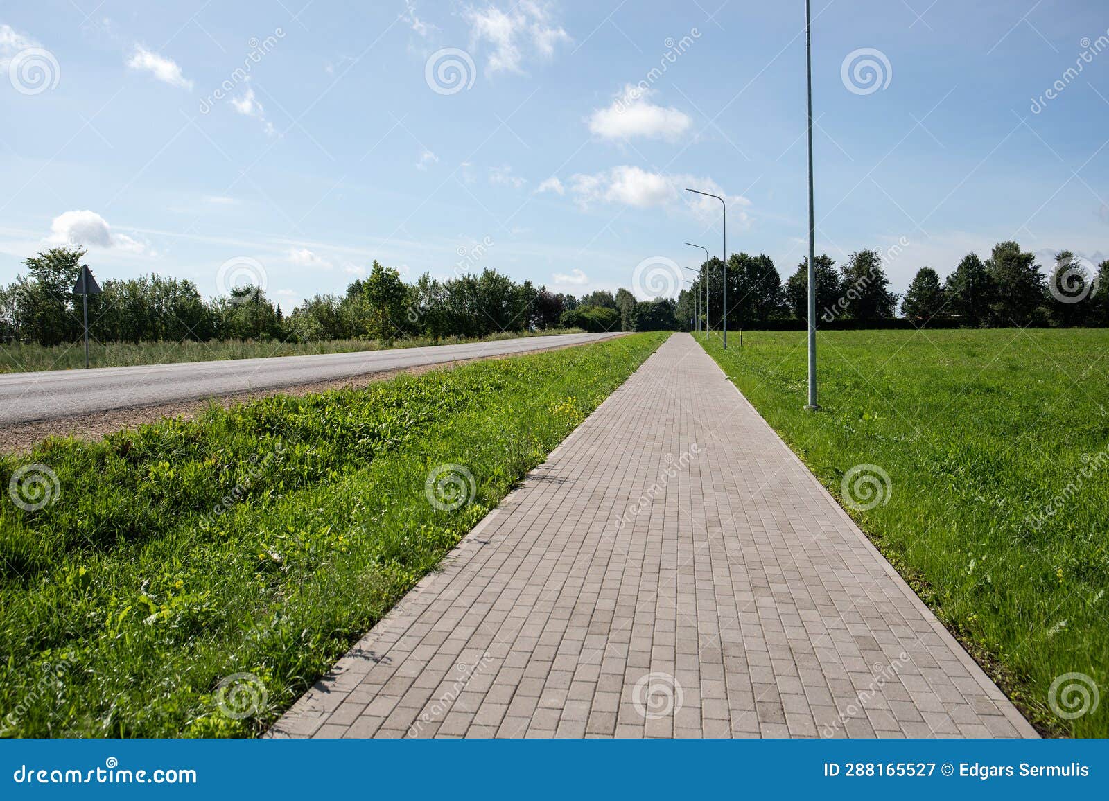 Paved Pedestrian Path Along the Highway. Rural Area Stock Image - Image ...