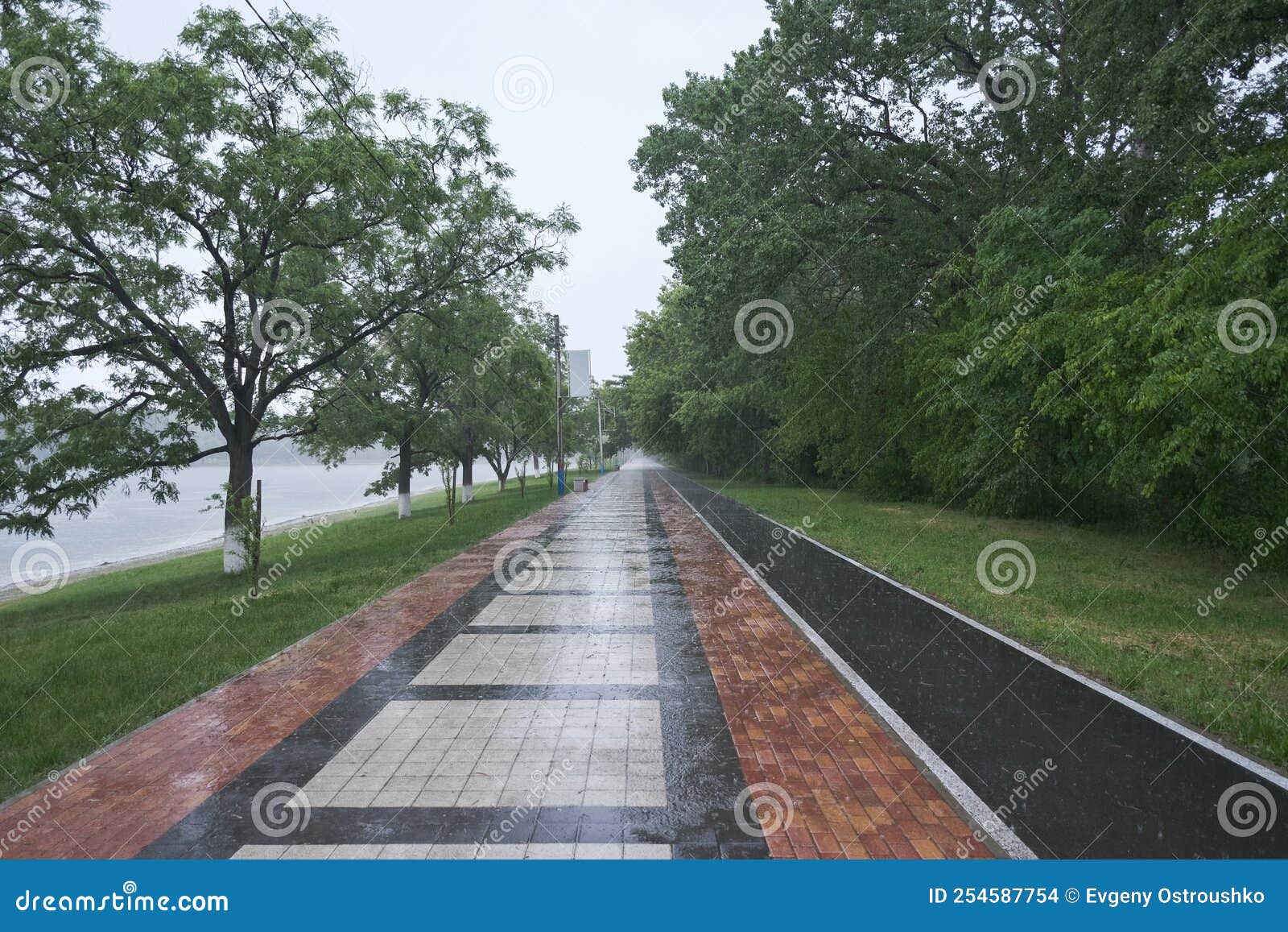 Pavement Covered with Tiles during Heavy Rain on the Shore of a Lake ...