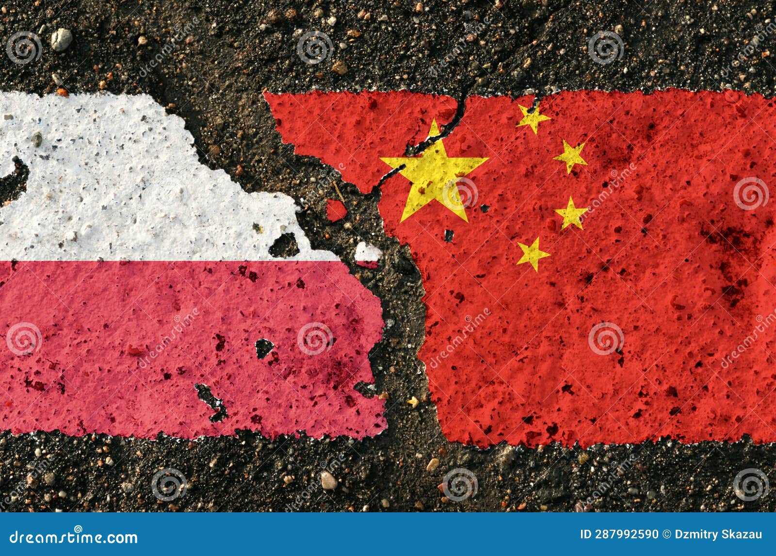 On the Pavement are Images of the Flags of Poland and China, As a ...