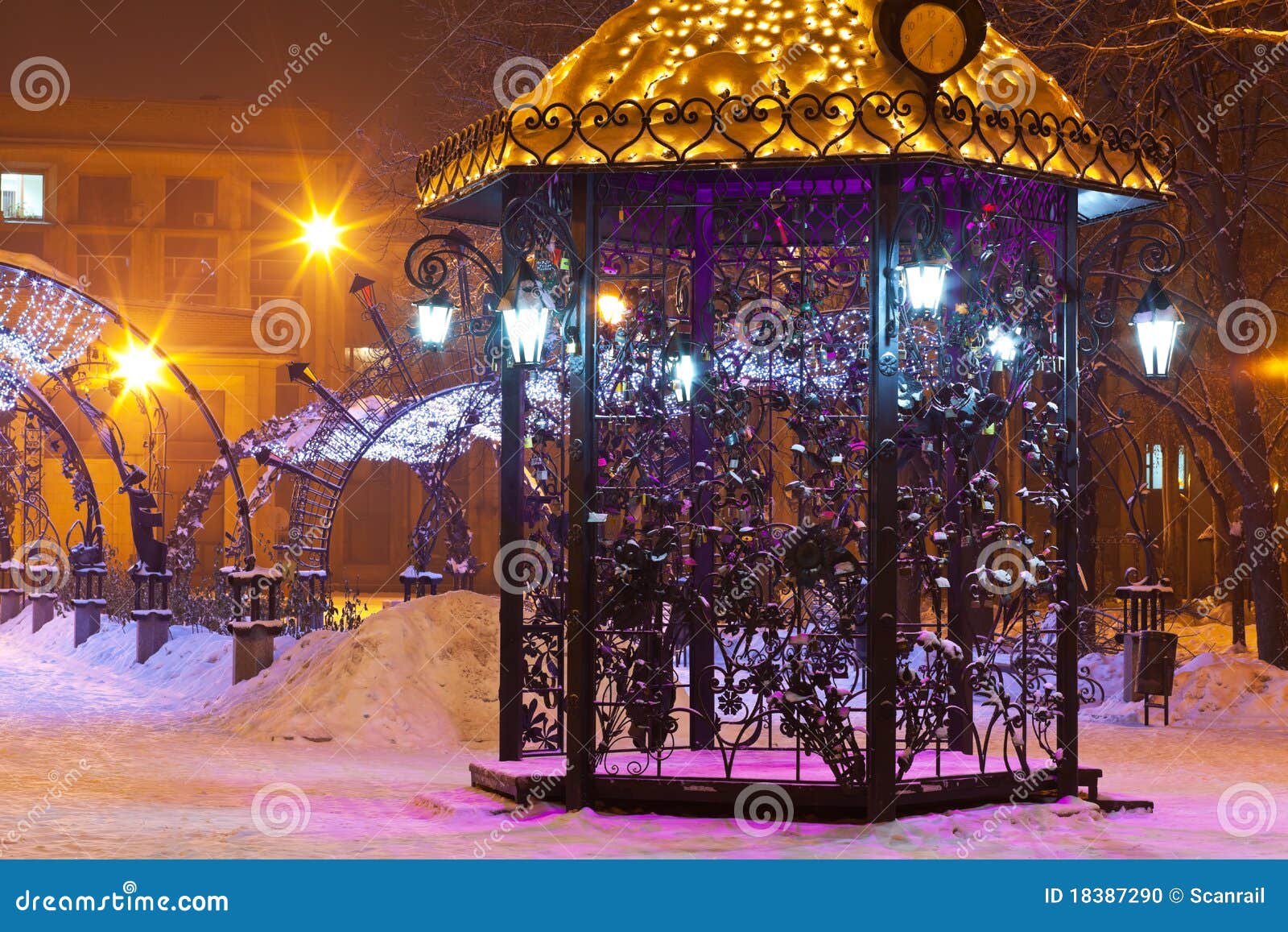 Pavilion in Night Winter City Park Stock Photo - Image of decoration ...