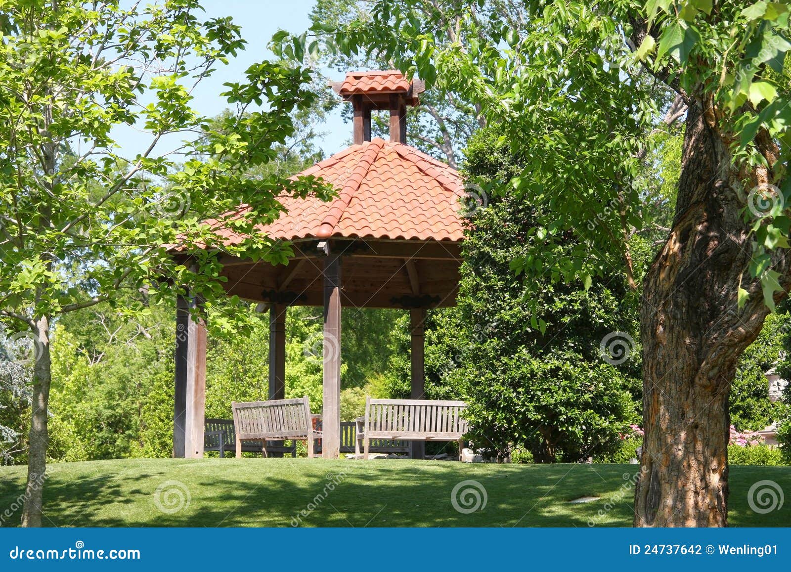 Pavilion with Wood Chairs in Spring Park Stock Photo - Image of ...