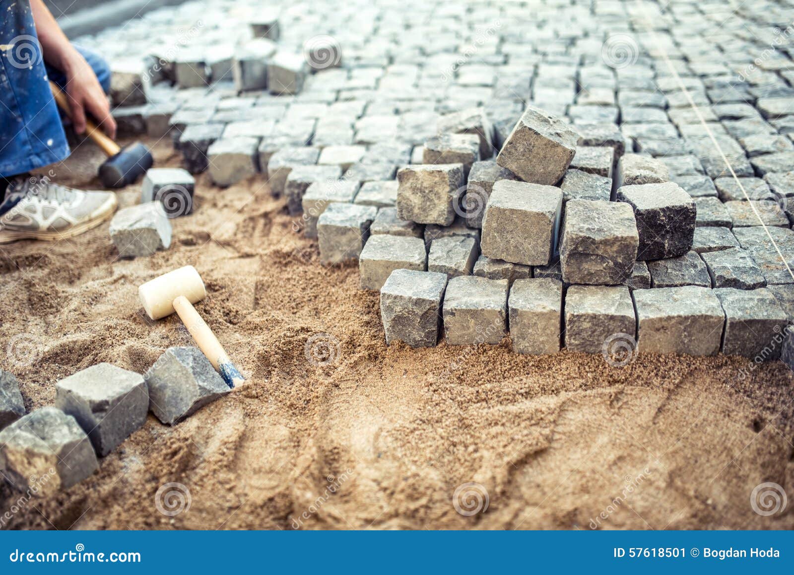 Paving Stones on Pavement Terrace, Construction Details of Cobblestone ...
