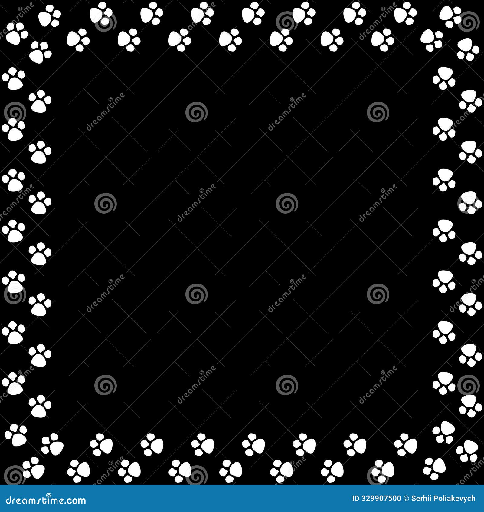 Paw Print Frame. Vector Border Design. Black Background. White Paw ...