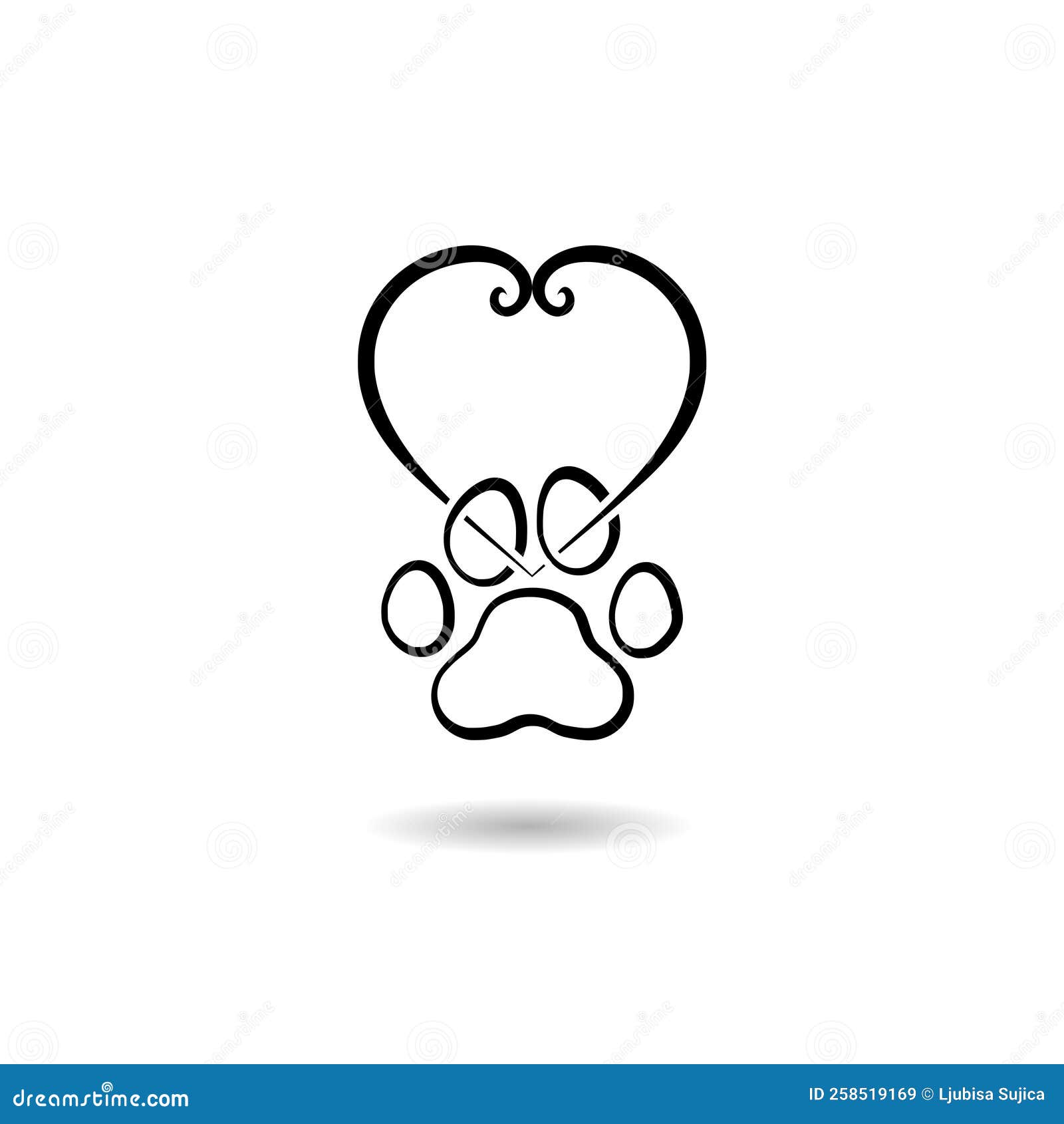 Paw Print with a Heart Icon Logo with Shadow Stock Vector ...